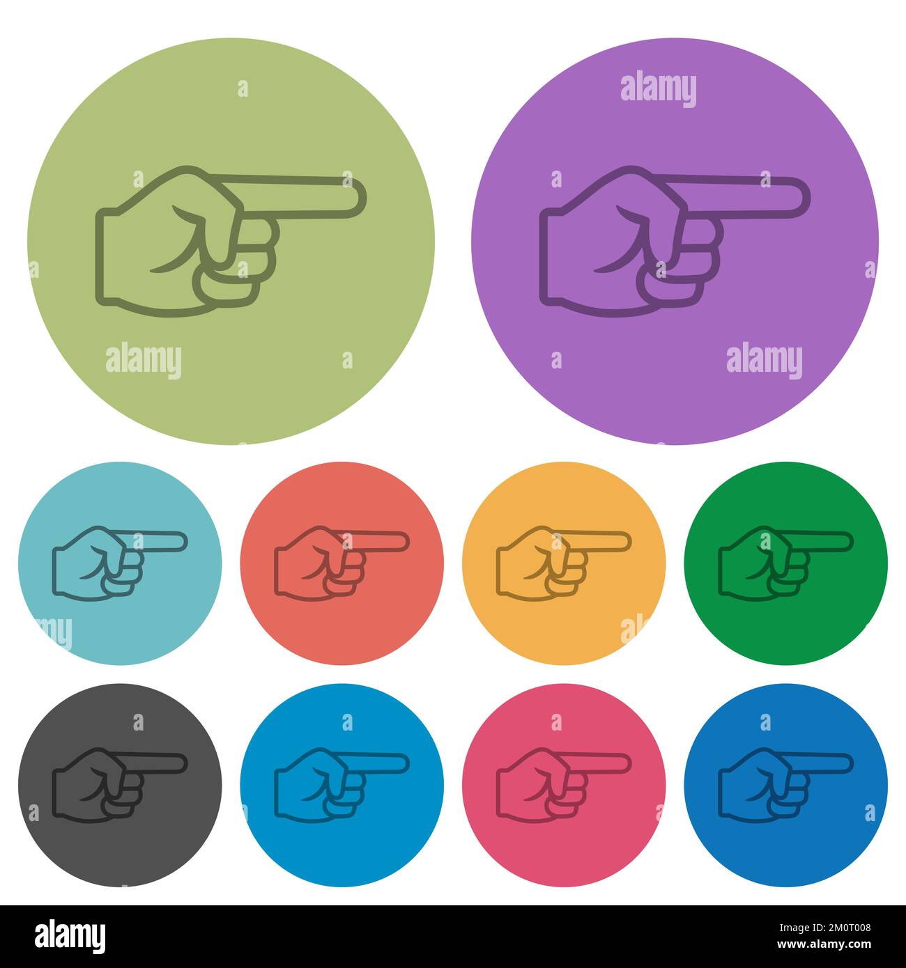 Right pointing hand outline darker flat icons on color round background ...