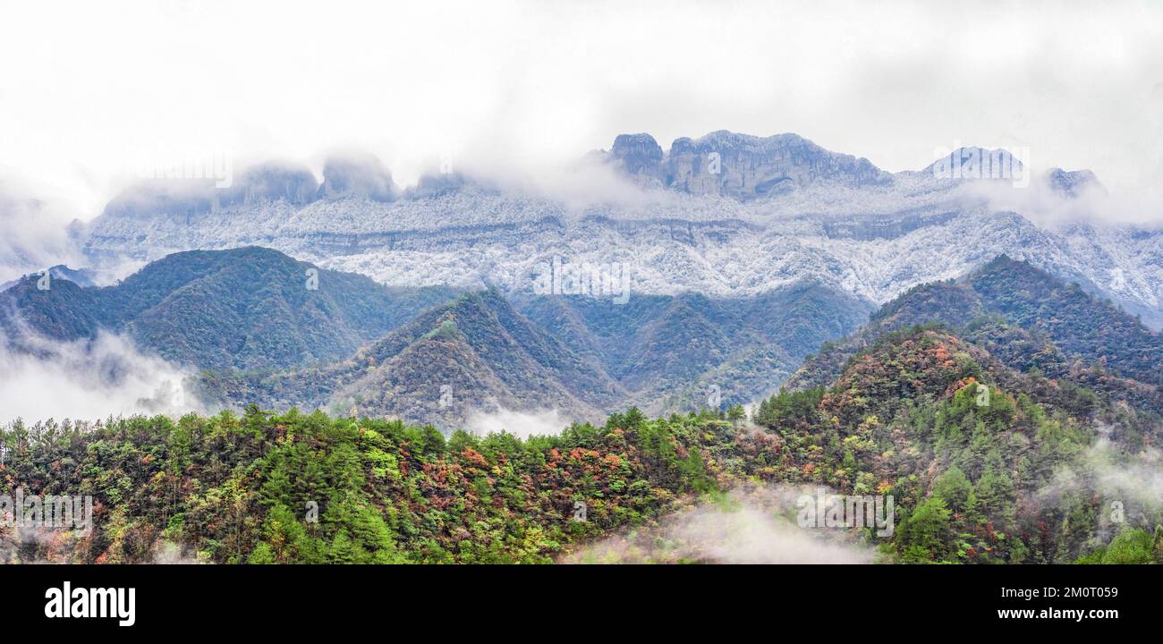 Aerial photo shows the snow scenery of Mount Jinfo in Nanchuan District ...