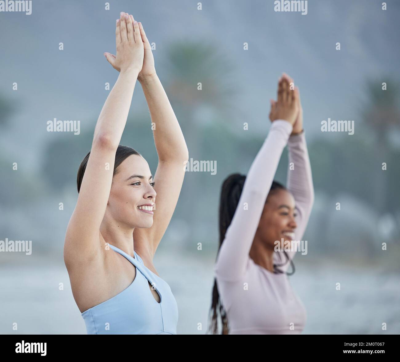 Yoga, fitness friends and nature workout while outdoor in tree pose for ...