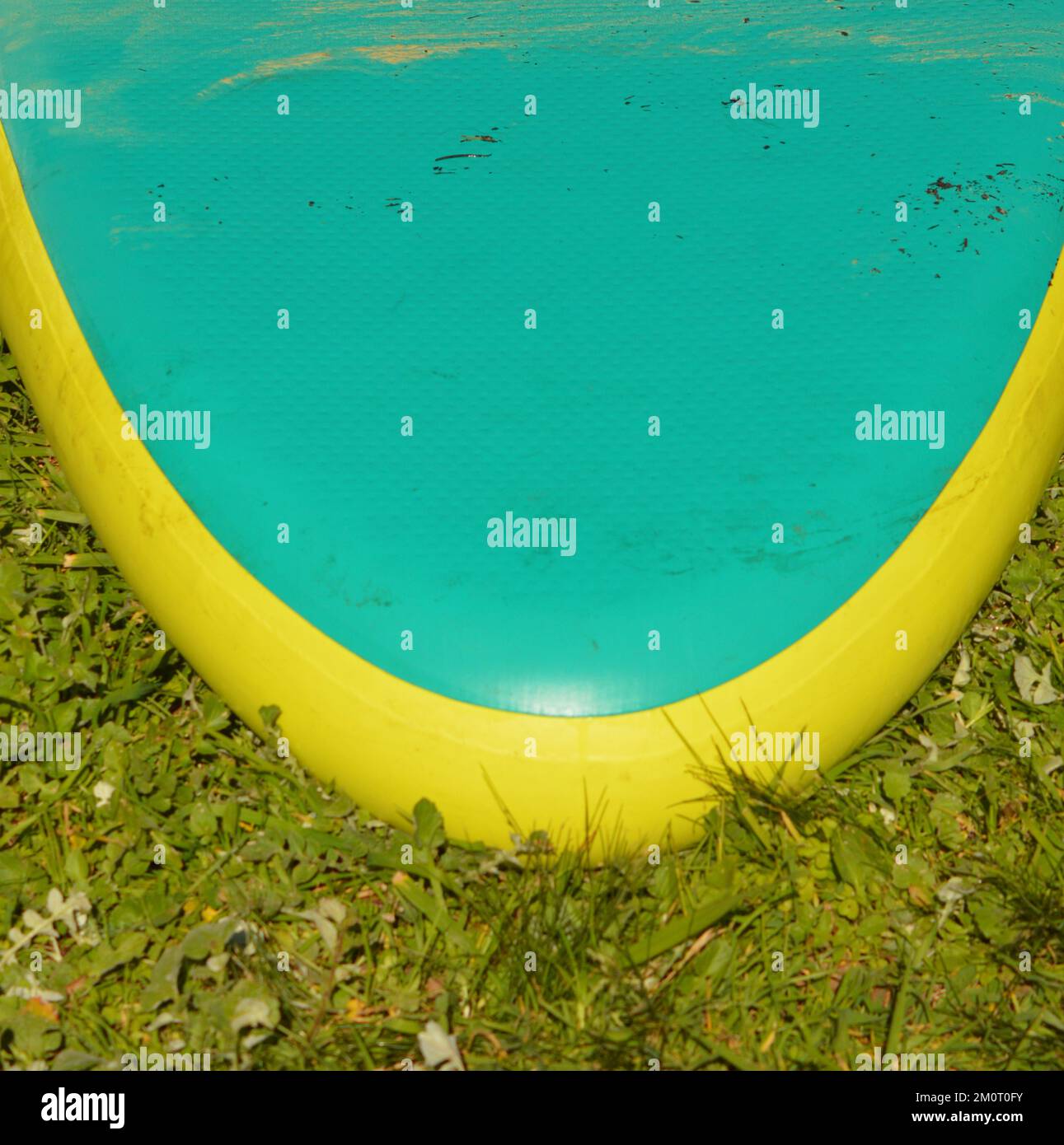 A blue and yellow surfboard put on the grass Stock Photo - Alamy