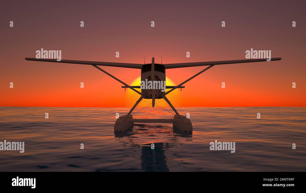 aircraft seaplane at sunset at sea front view. 3d rendering Stock Photo ...