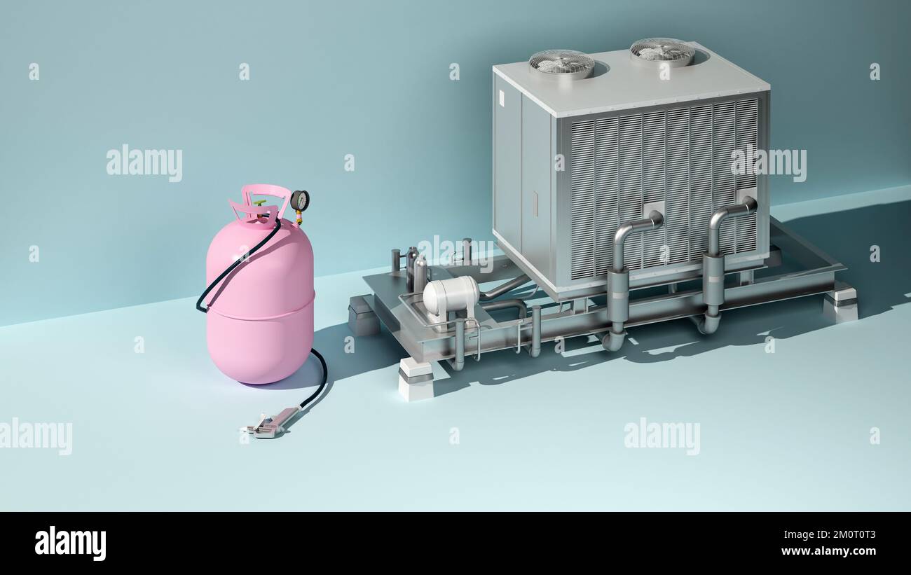 pink gas cylinder for refilling freon next to the air conditioning ...