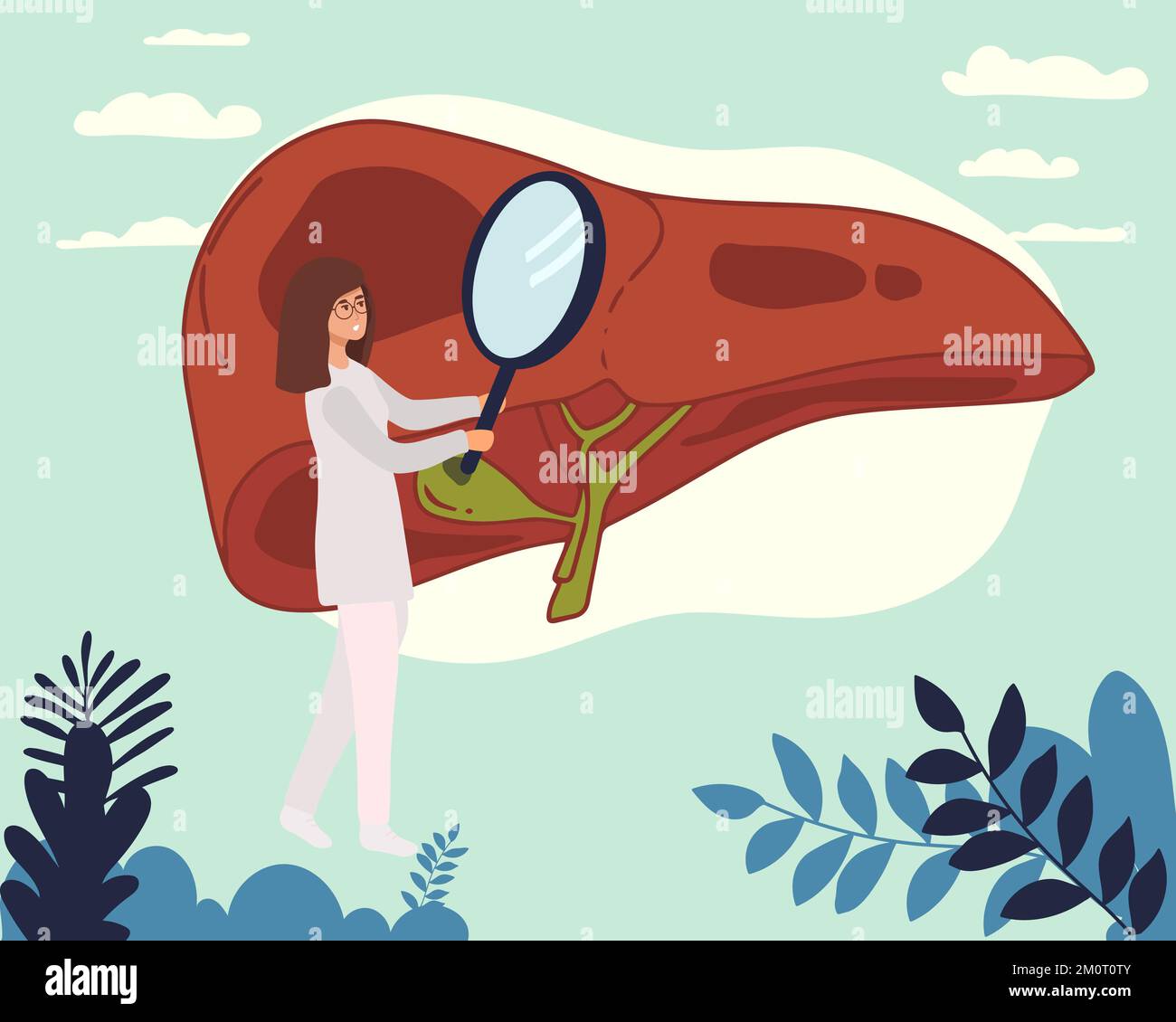 Vector of a group of doctors examining patient liver, performing lab ...