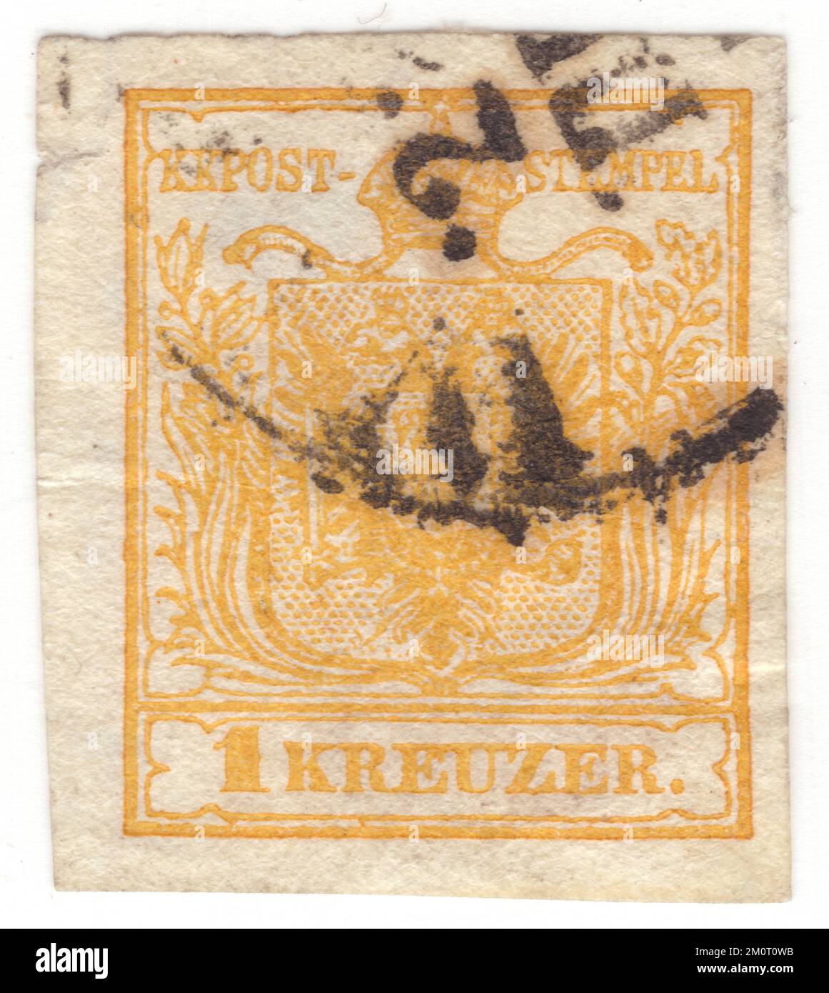 AUSTRIA — 1850 June 1: An 1 kreuzer yellow postage stamp depicting Coat ...