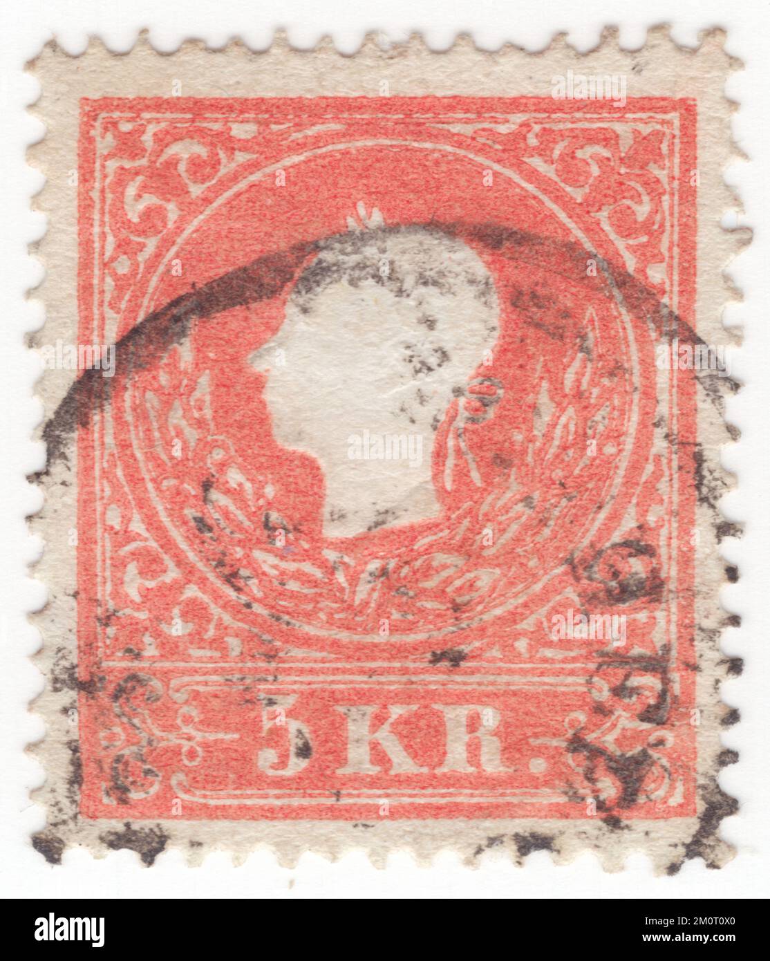 AUSTRIA — 1858: An 5 kreuzer red postage stamp depicting Embossed ...