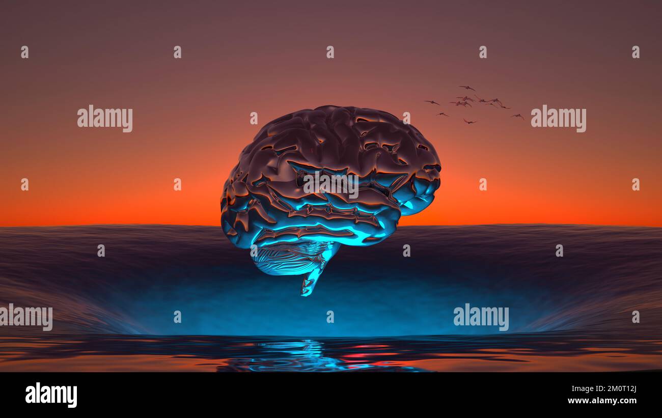 human brain side view hovering over the horizon of the sea at sunset ...
