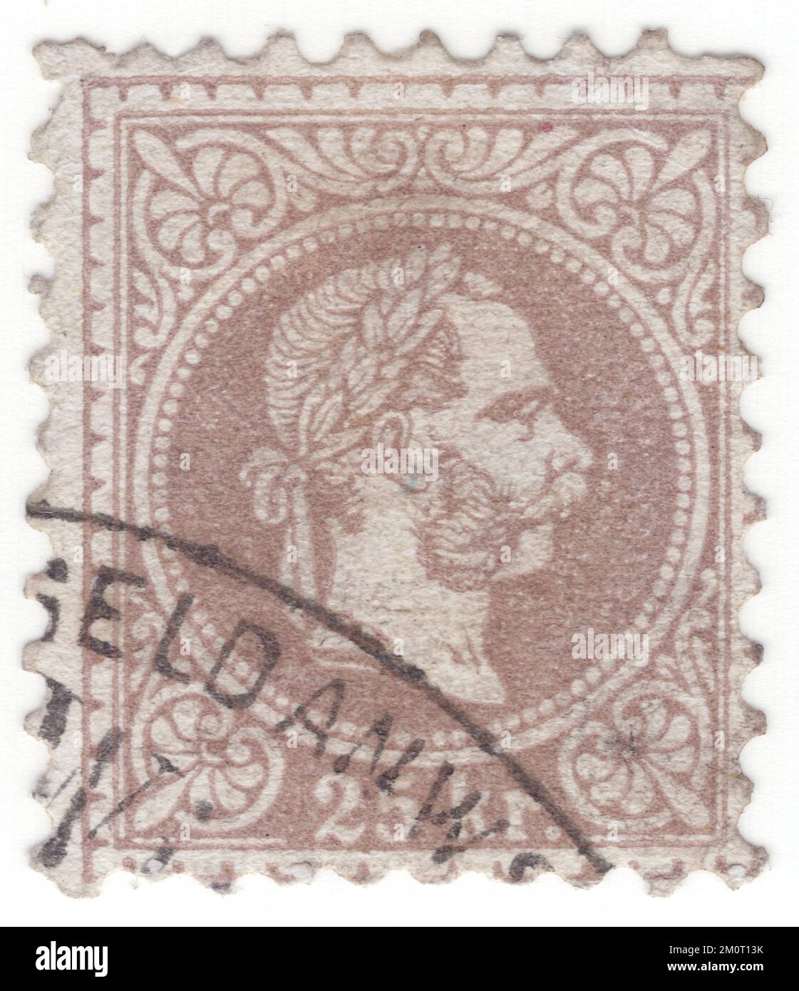 AUSTRIA — 1867: An 25 kreuzer lilac postage stamp depicting Embossed ...
