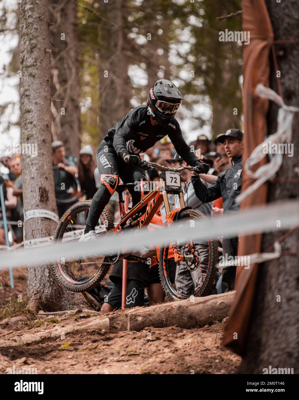 A vertical shot of a racer at Downhill World Championships Les Gets ...