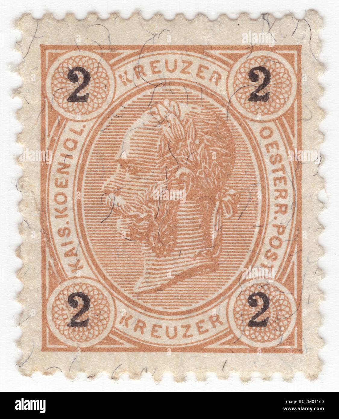 AUSTRIA — 1890: An 2 kreuzer light brown postage stamp depicting ...