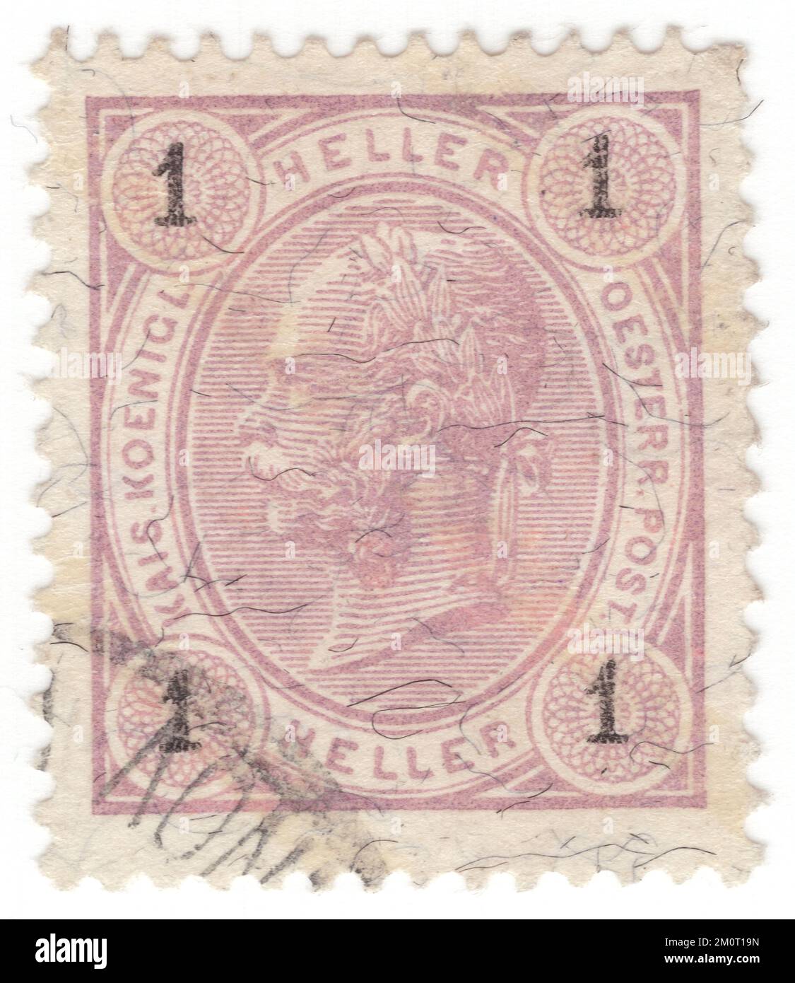 AUSTRIA — 1901: An 1 heller lilac postage stamp depicting Embossed ...