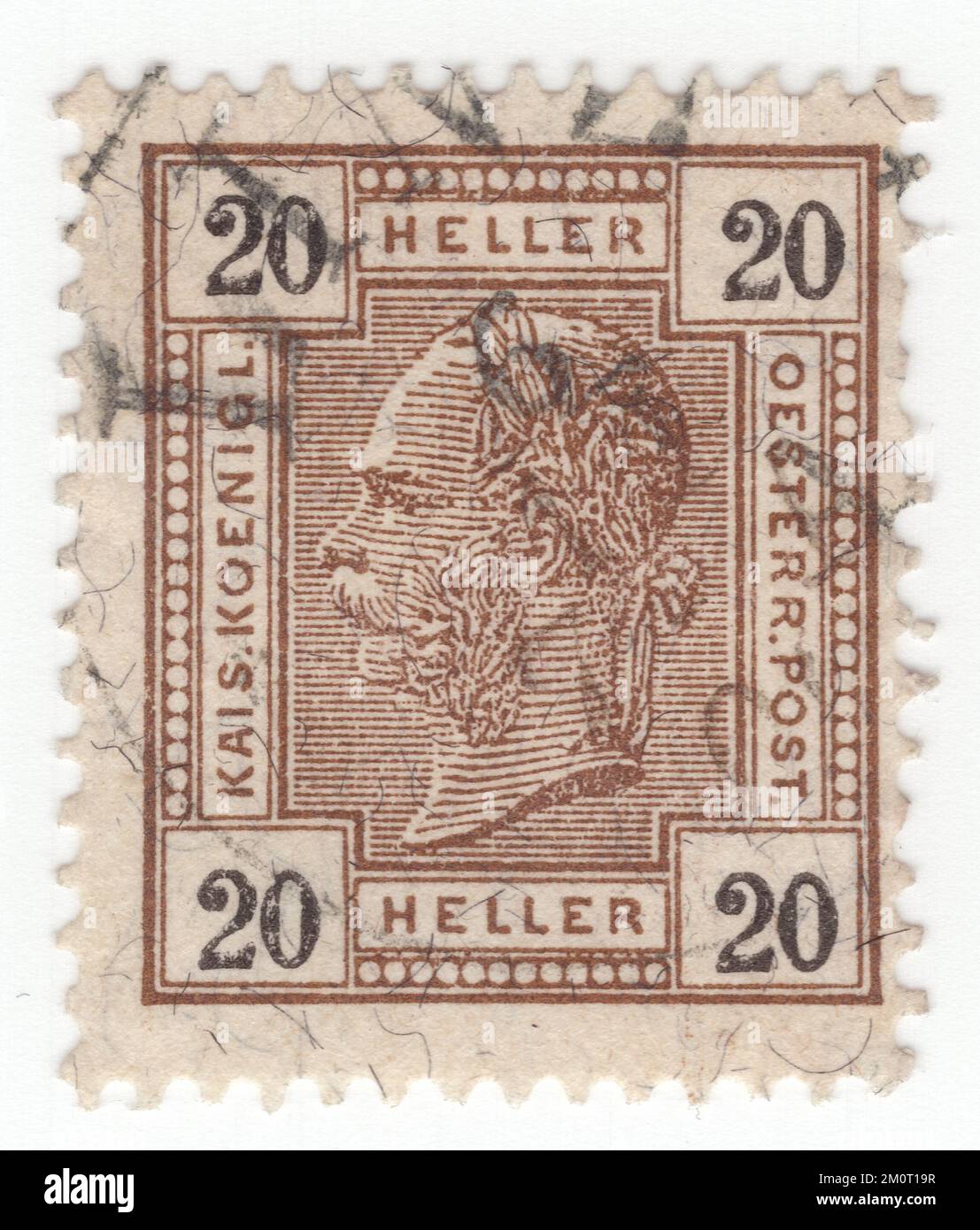 AUSTRIA — 1899: An 20 heller brown postage stamp depicting Embossed ...