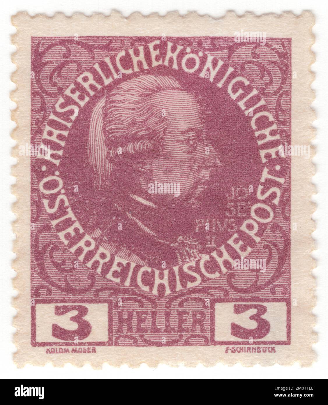 AUSTRIA — 1913: An 3 heller magenta postage stamp depicting portrait of ...