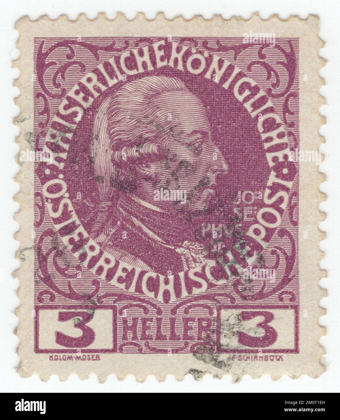 AUSTRIA — 1913: An 3 heller magenta postage stamp depicting portrait of ...