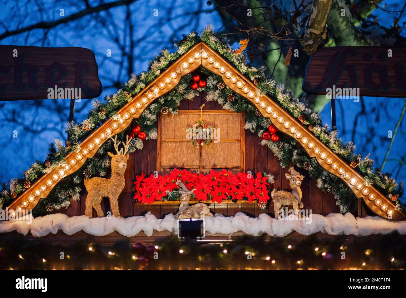 BADEN BADEN, GERMANY - December 2017 - Christmas market chalet ...