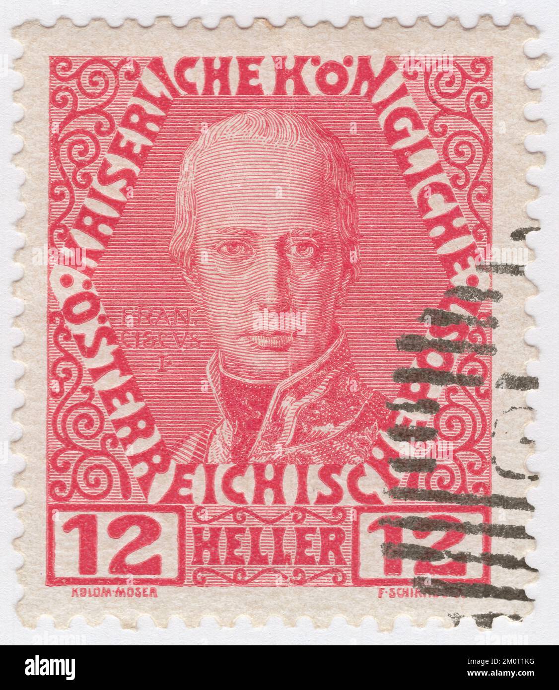 AUSTRIA — 1908: An 12 heller scarlet postage stamp depicting portrait ...