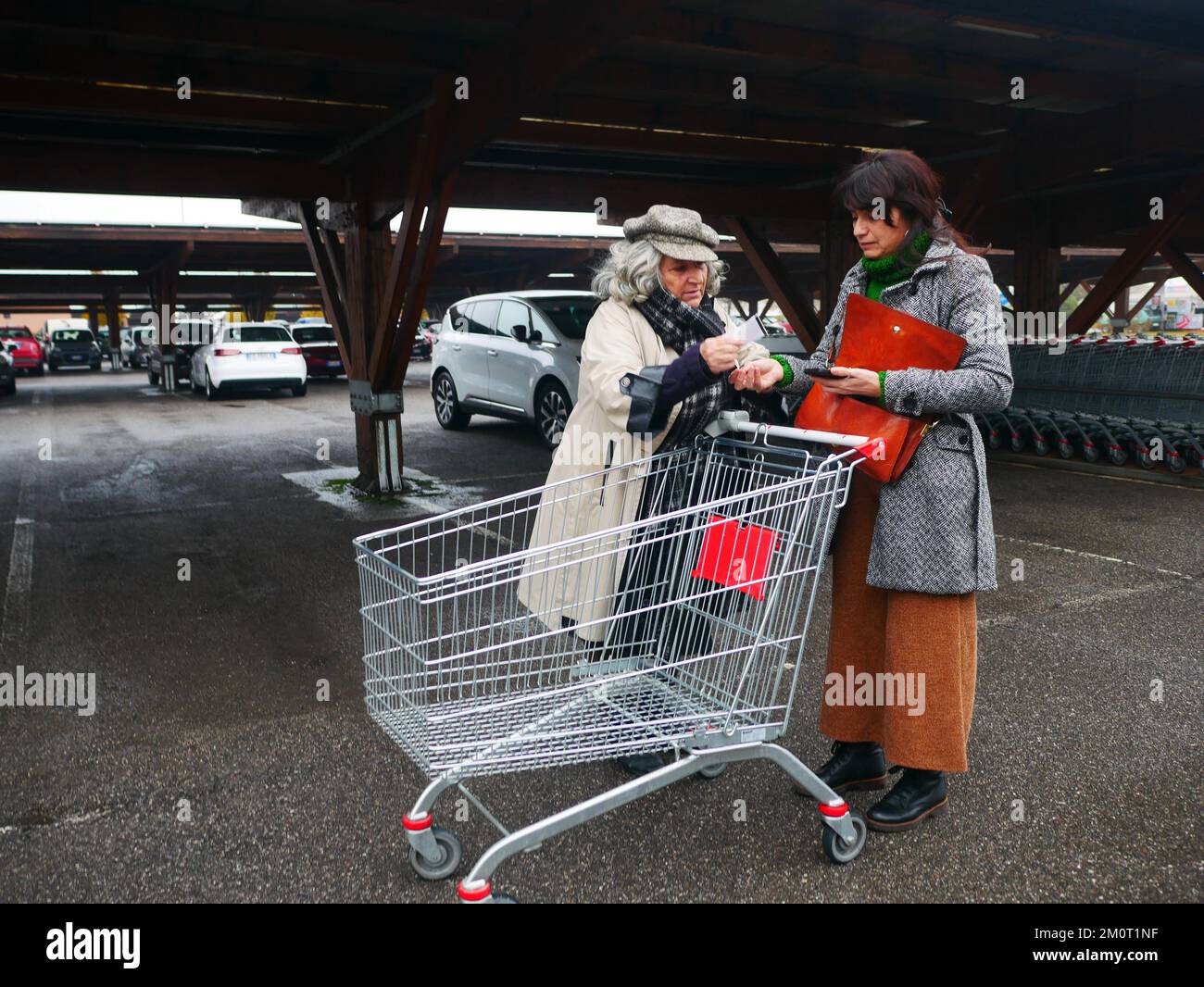senior european lady and hispanic young adult woman pushing cart ...