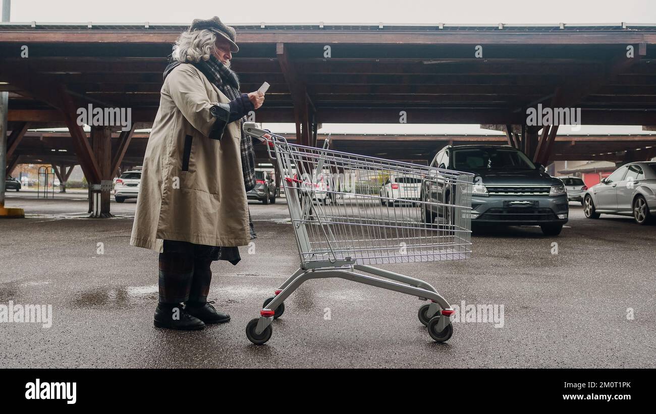 hispanic young adult woman pushing cart reading hand written groceries ...
