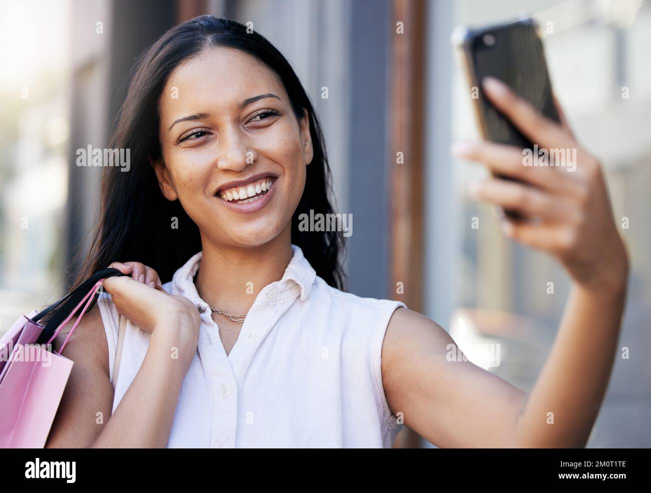 Woman, phone selfie and luxury shopping, social media and picture ...