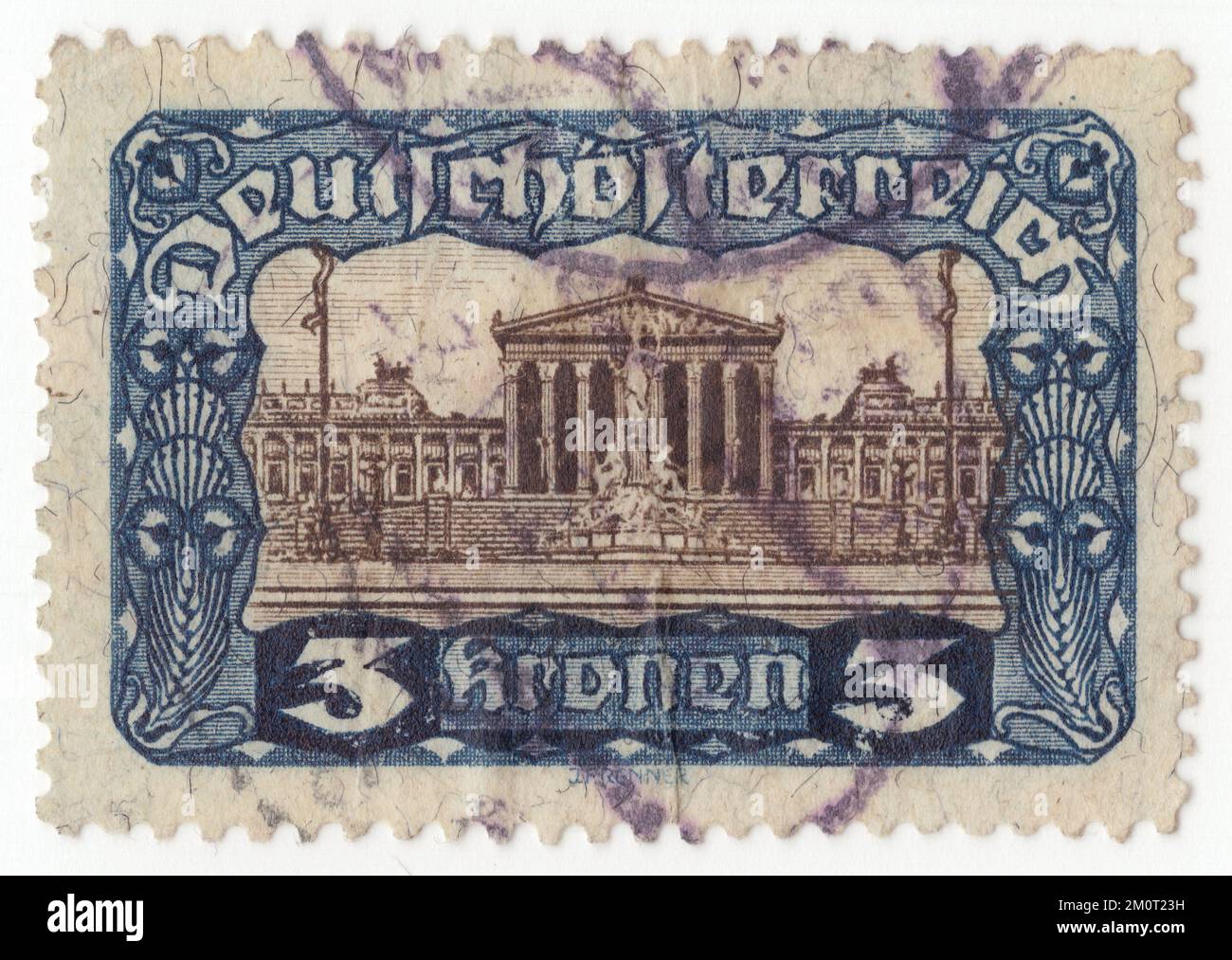 AUSTRIA - 1919: An 3 krone blue and black-brown postage stamp depicting ...