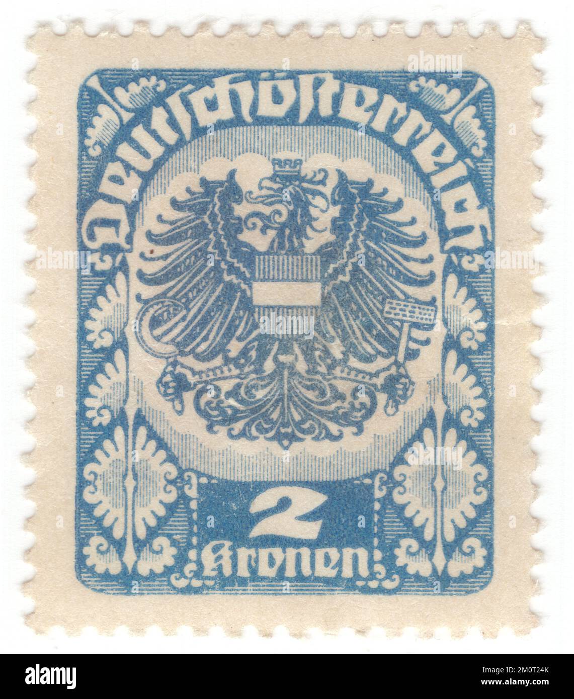 AUSTRIA — 1920: An 2 krone blue postage stamp depicting Coat of Arms of ...