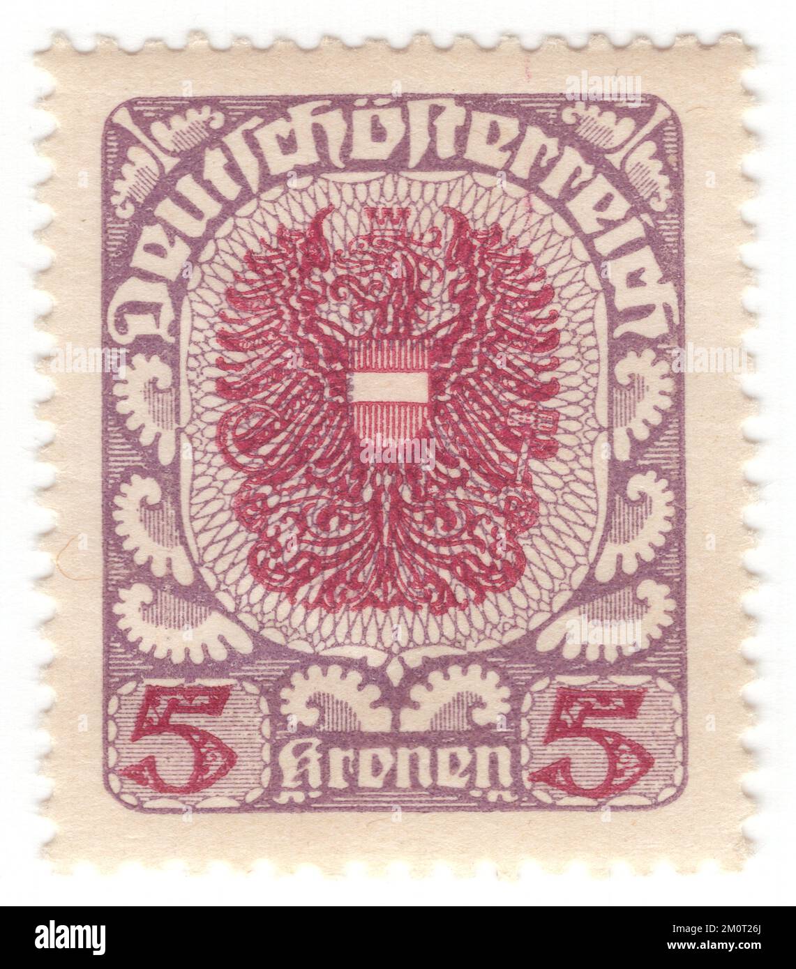AUSTRIA — 1921: An 5 krone violet and claret postage stamp depicting ...