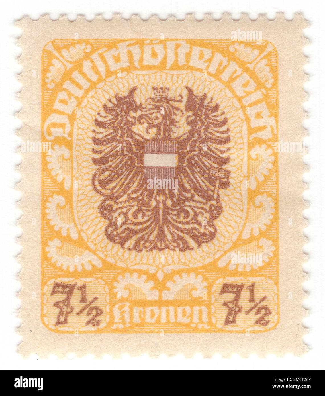AUSTRIA — 1921: An 7½ krone yellow and brown postage stamp depicting ...