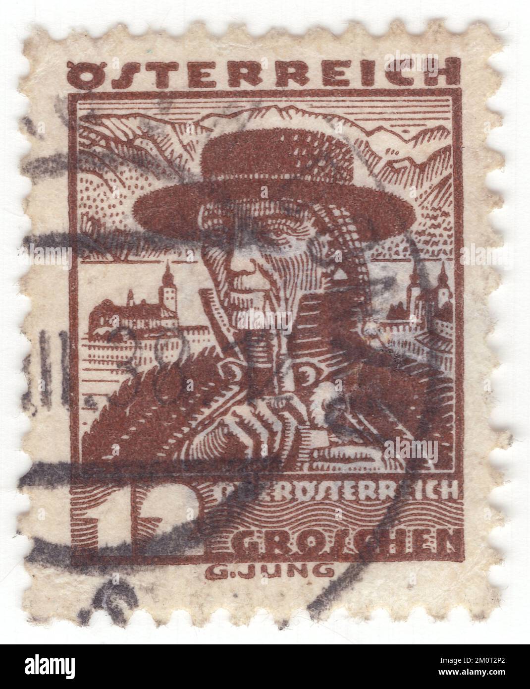 AUSTRIA — 1934: An 12 groschen dark brown postage stamp depicting ...