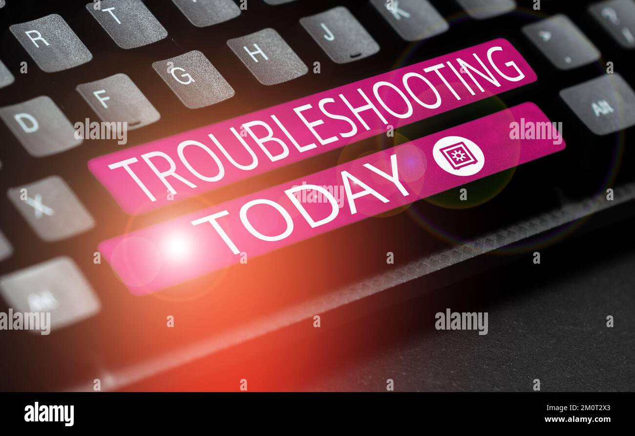 Conceptual caption Troubleshooting. Word Written on an act of investigating or dealing with in ...