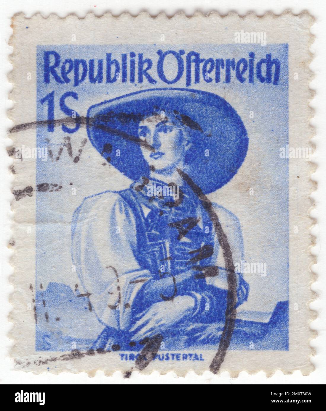 AUSTRIA — 1948: An 1 schilling ultramarine postage stamp depicting ...