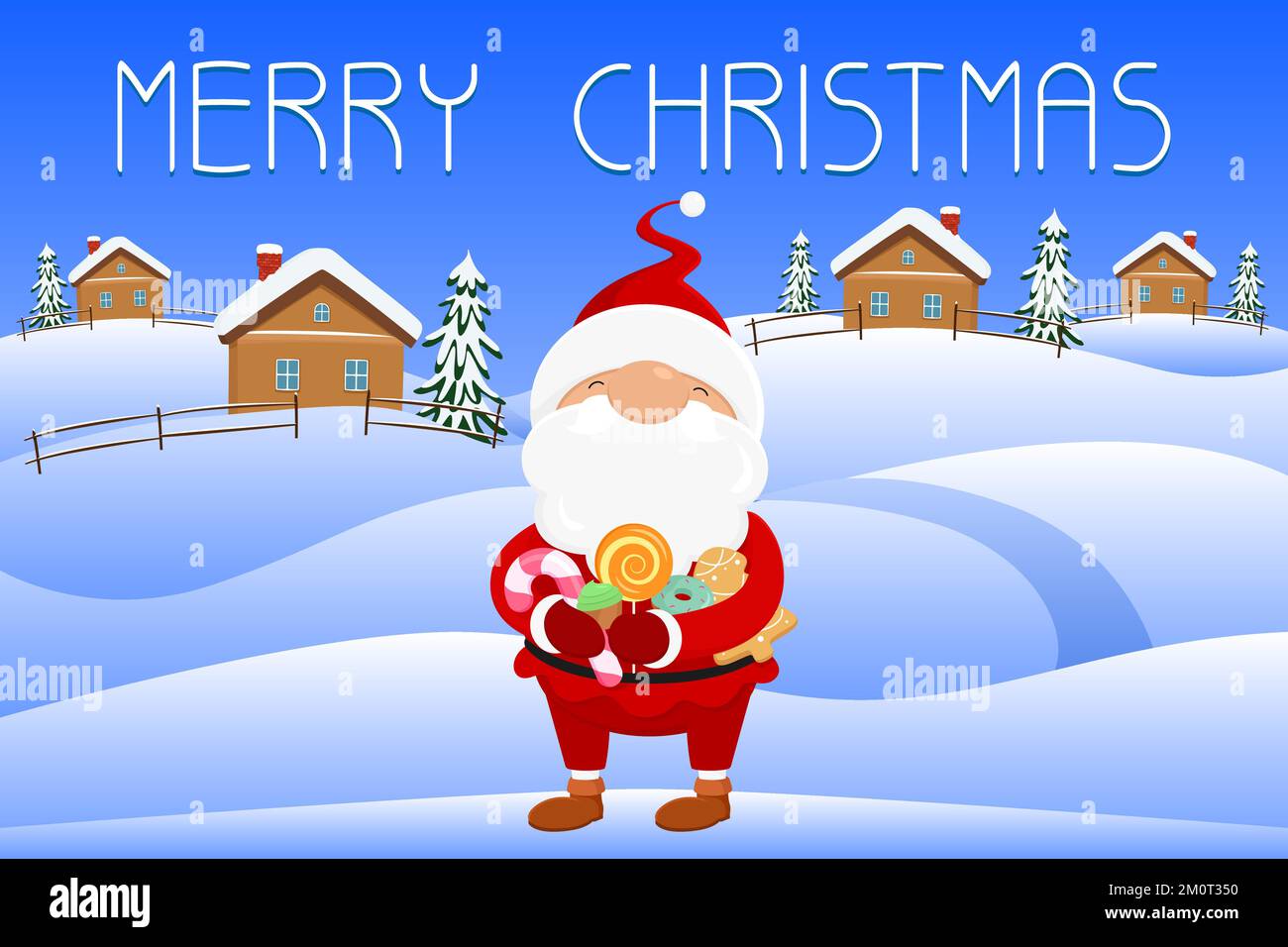 Christmas greeting card. Santa Claus holding sweets. Vector ...