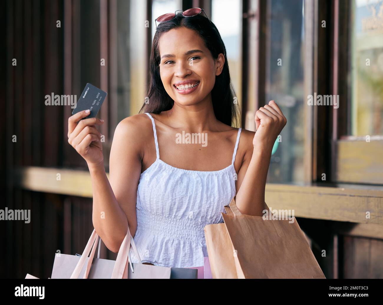 Woman, credit card and retail shopping, luxury and payment for discount ...