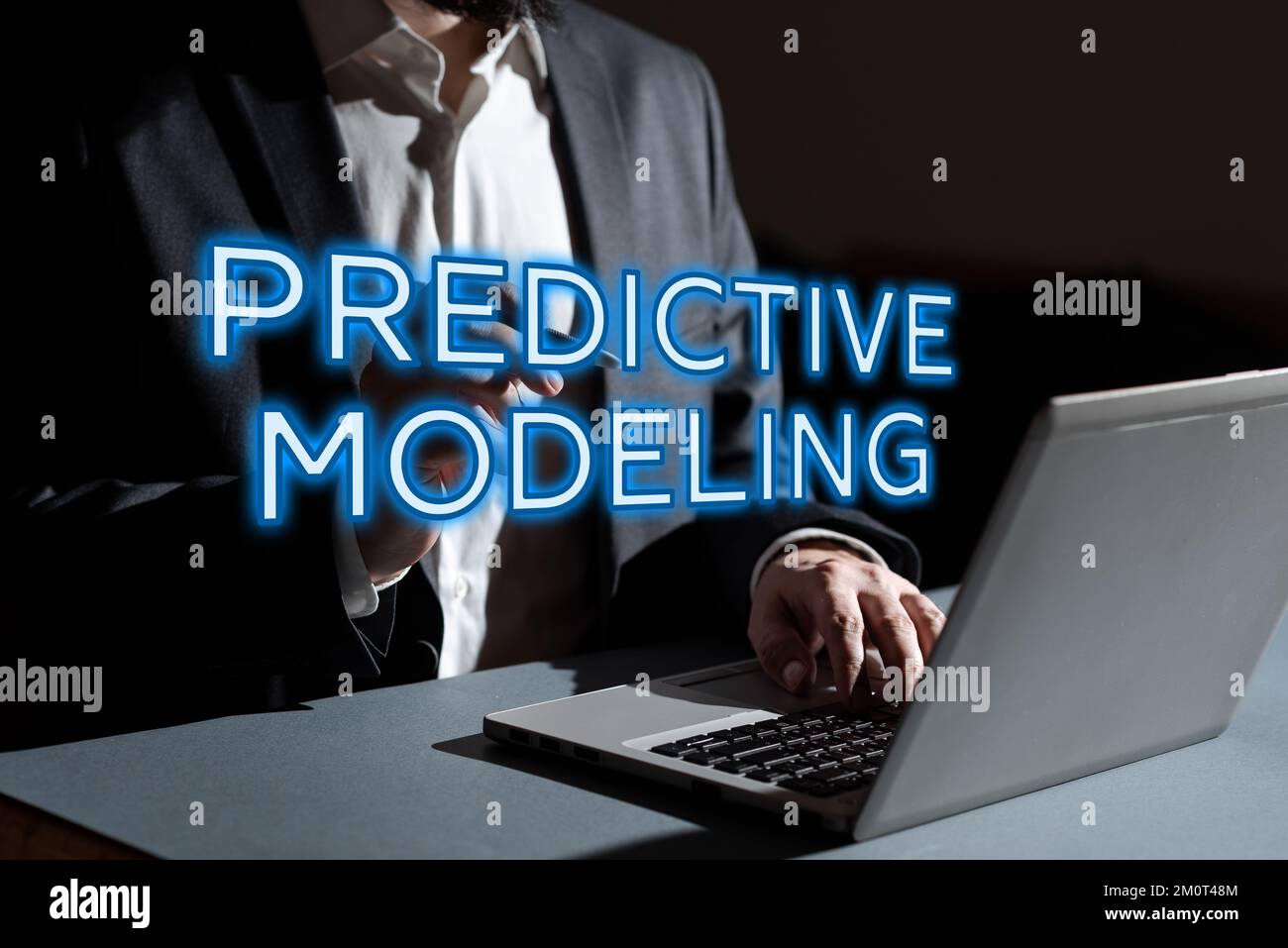 Hand writing sign Predictive Modeling. Business concept maintenance strategy driven by ...