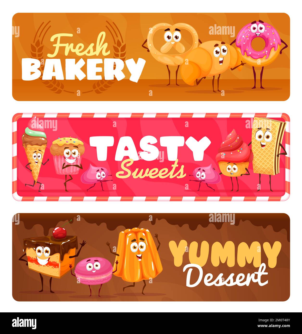 Cartoon sweets, bakery and desserts characters. Vector banners with ice ...