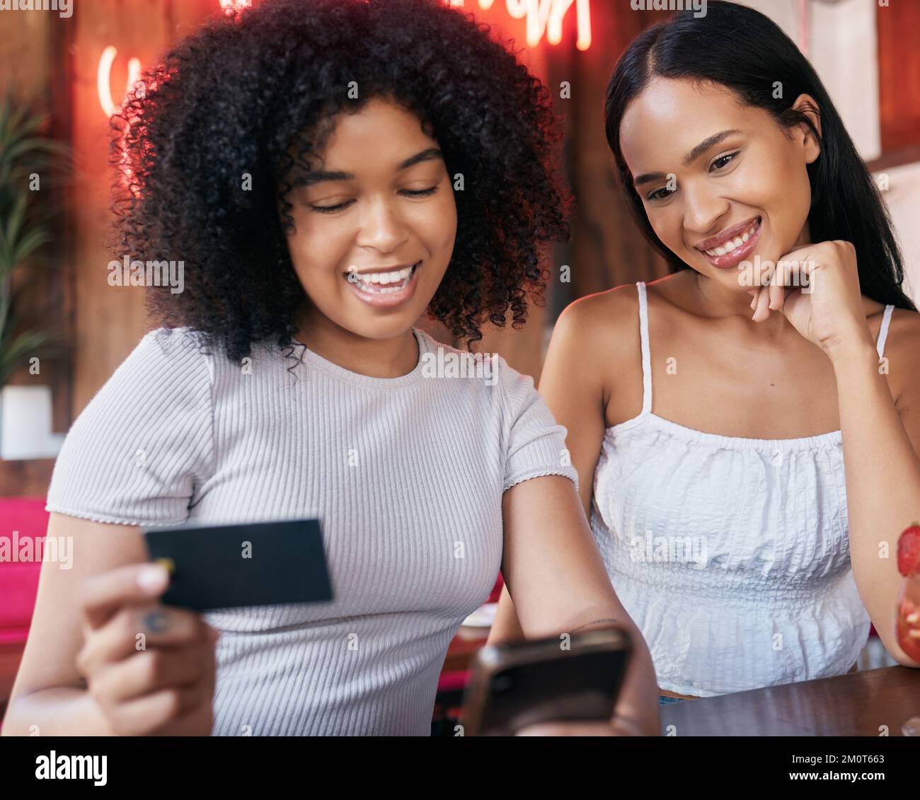 Credit card, friends and women with phone for ecommerce, banking or ...