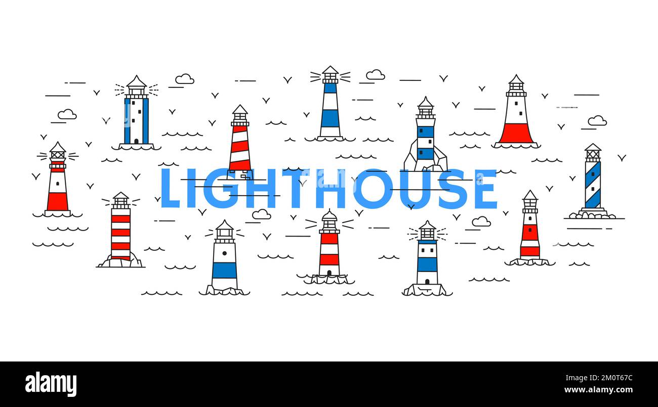 Line sea lighthouses and beacons. Sea travel, sailing safe navigation ...