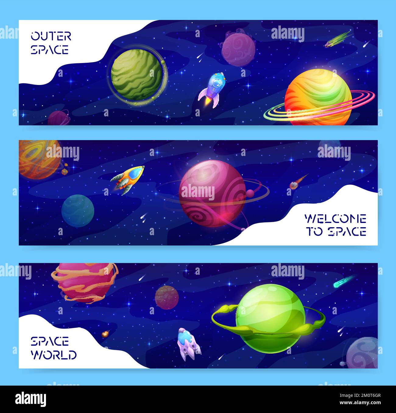 Space landscape banners, starry galaxy planets and spaceships ...