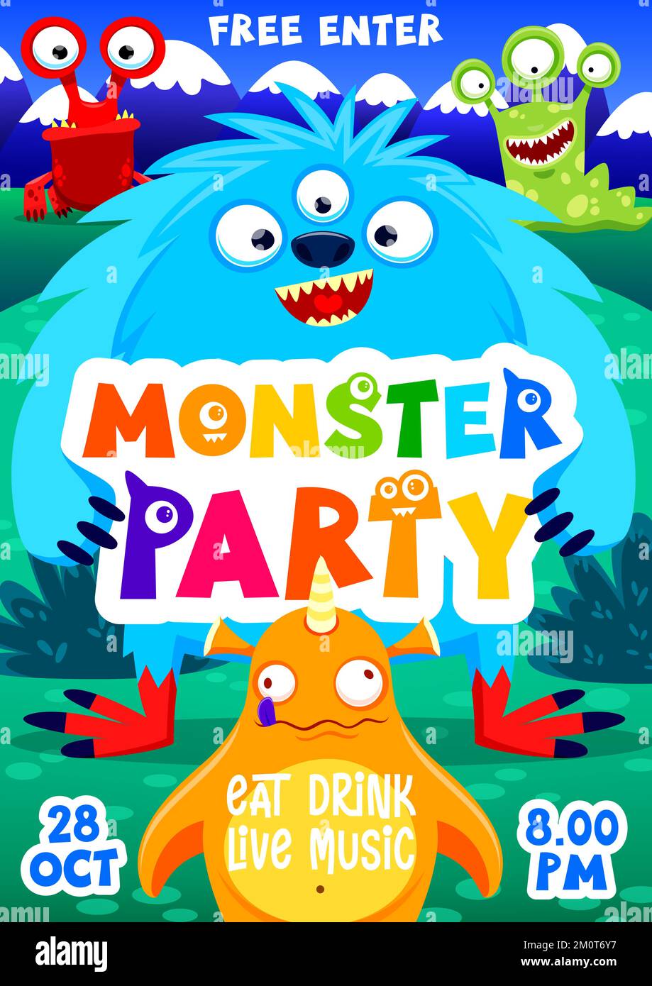 Cartoon monster party flyer. Funny monster characters. Vector promo ...