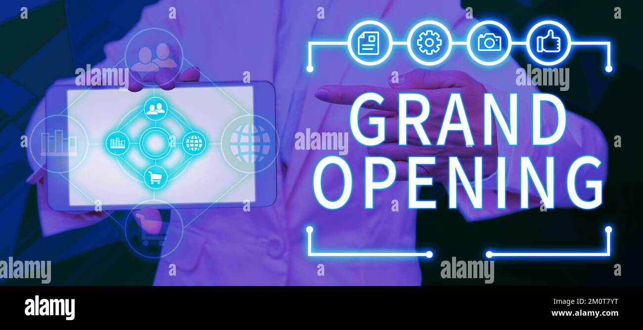 Hand writing sign Grand Opening. Concept meaning Ribbon Cutting New ...