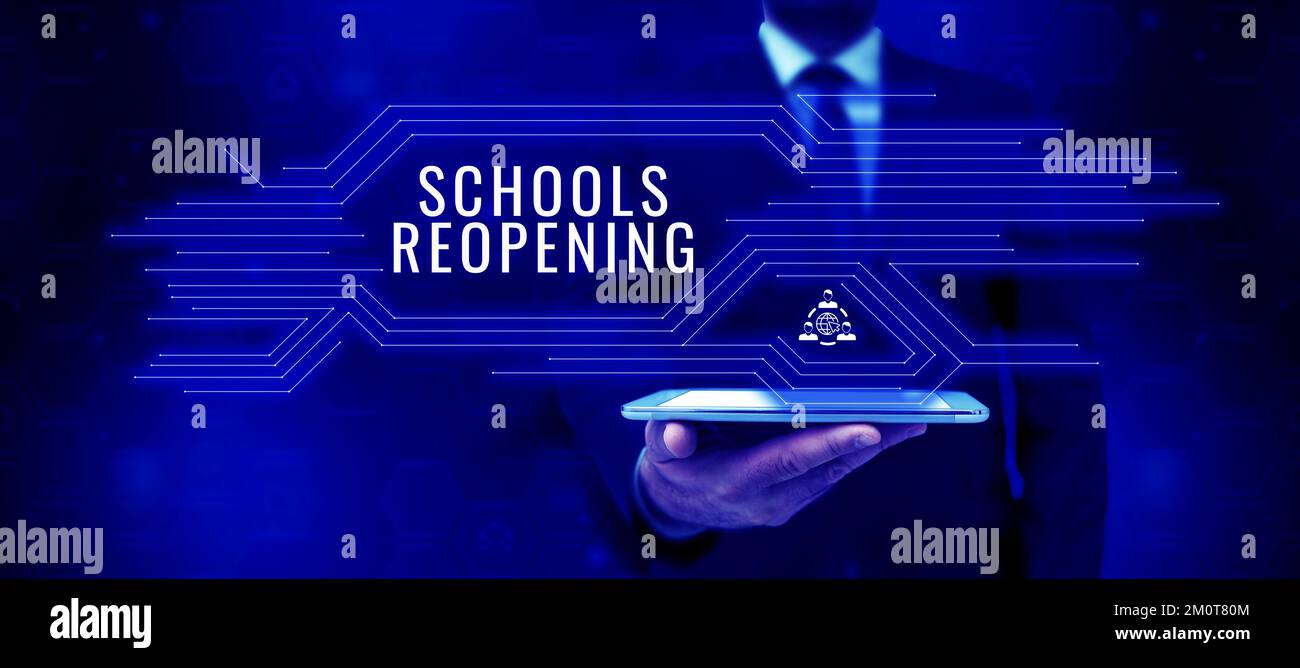 Text caption presenting Schools Reopening. Business overview classes ...