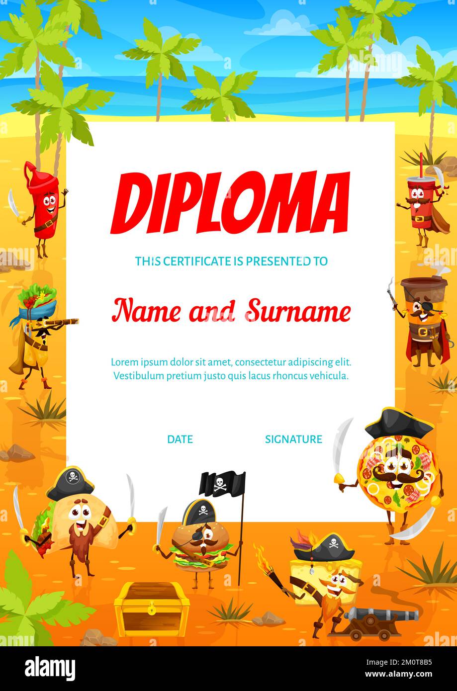 Kids diploma. Cartoon captain and pirates fastfood characters on ...