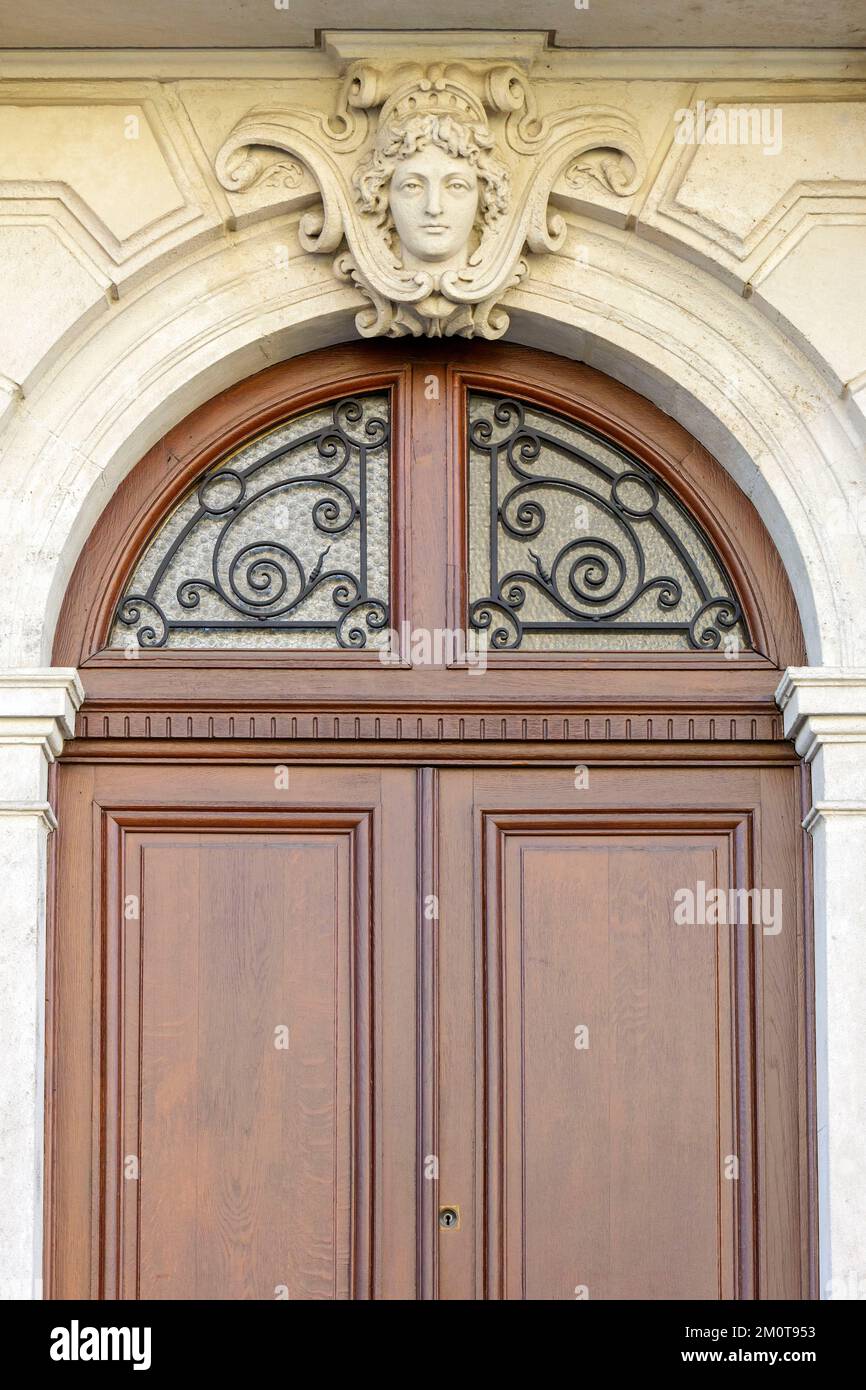 France, Meurthe et Moselle, Nancy, doorway of a mansion with a mascaron ...