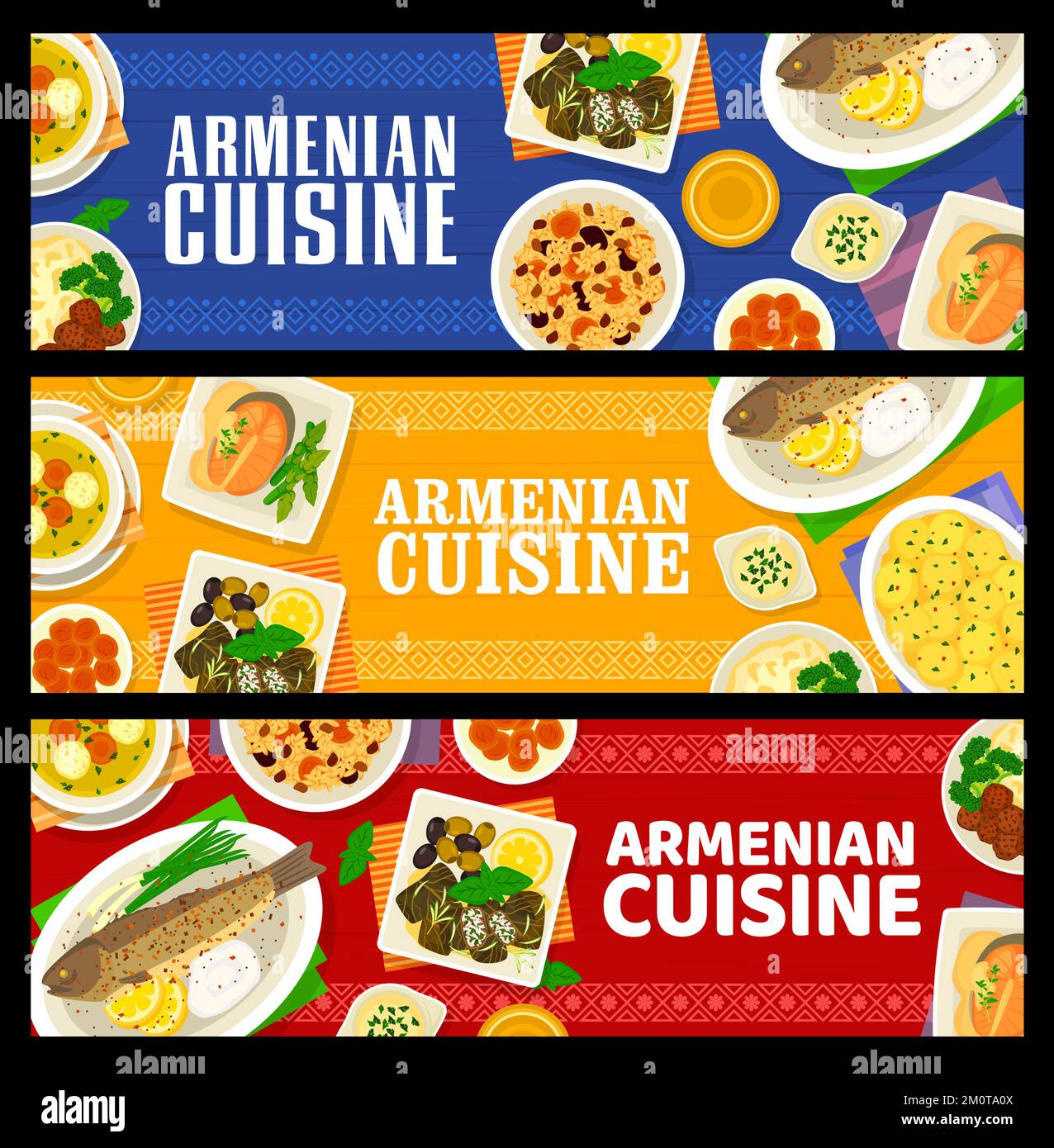 Armenian cuisine banners, traditional food dishes of lunch and dinner ...