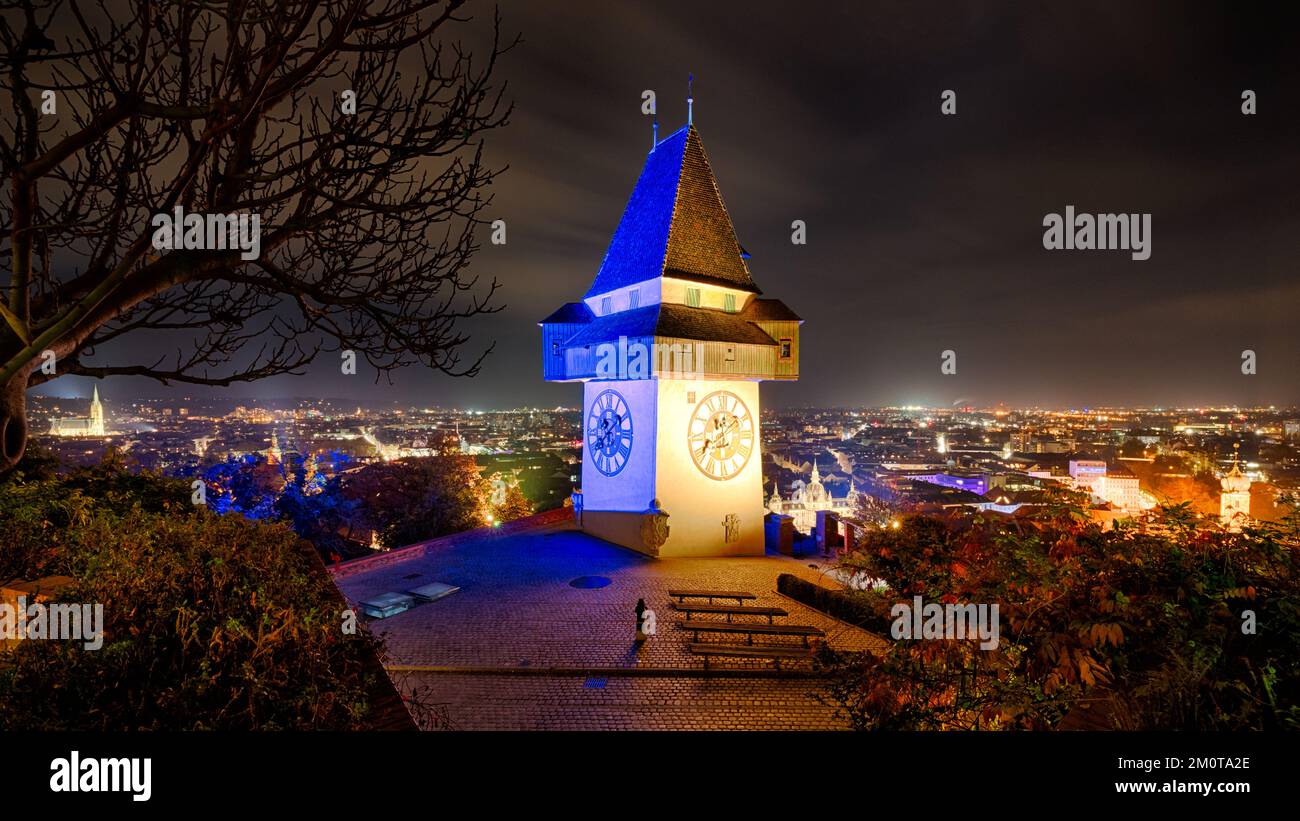 Graz Clock Tower at Night Stock Photo - Alamy