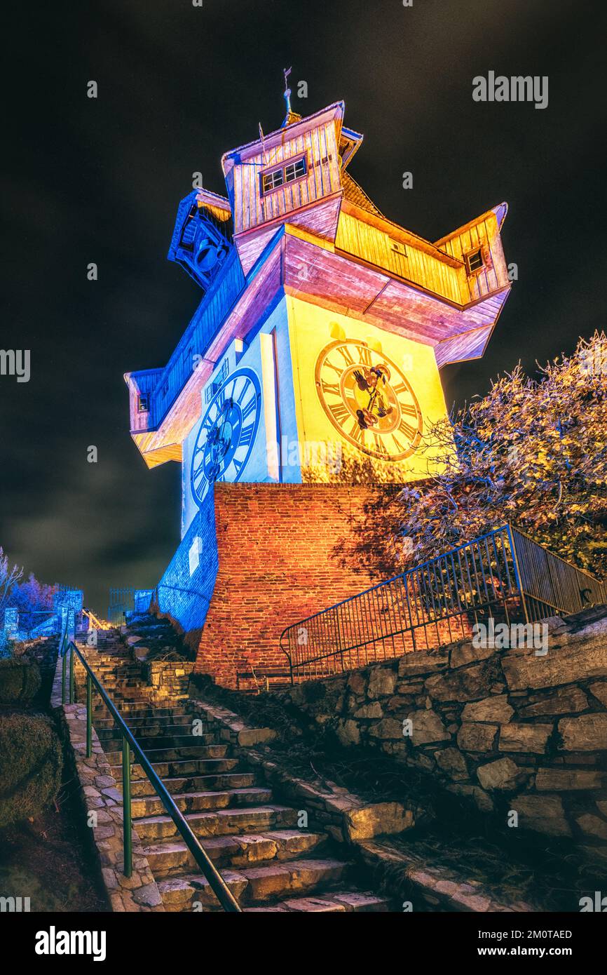 Graz Clock Tower at Night Stock Photo - Alamy