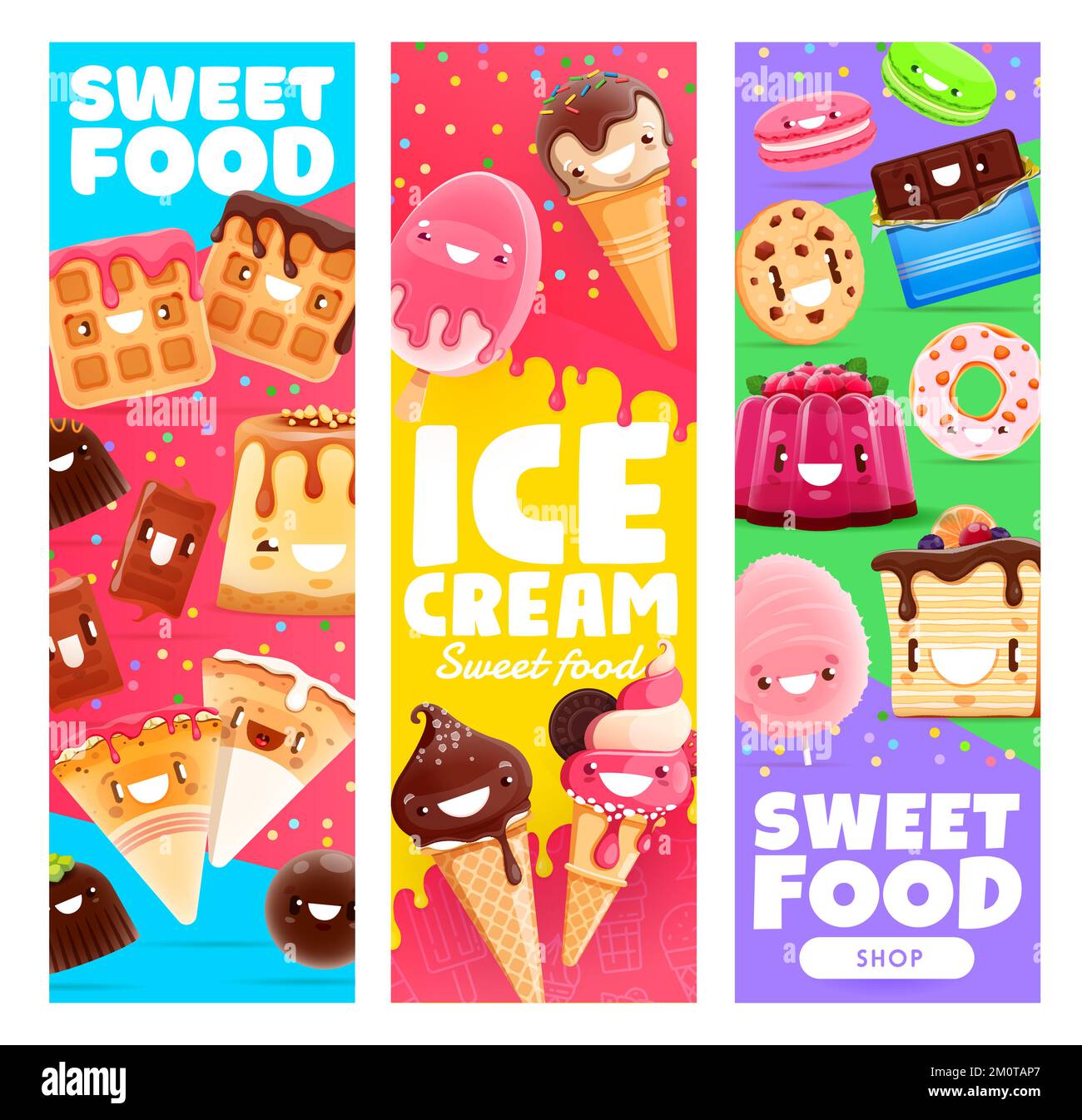 Ice cream, bakery and dessert cartoon characters. Vector banners with ...