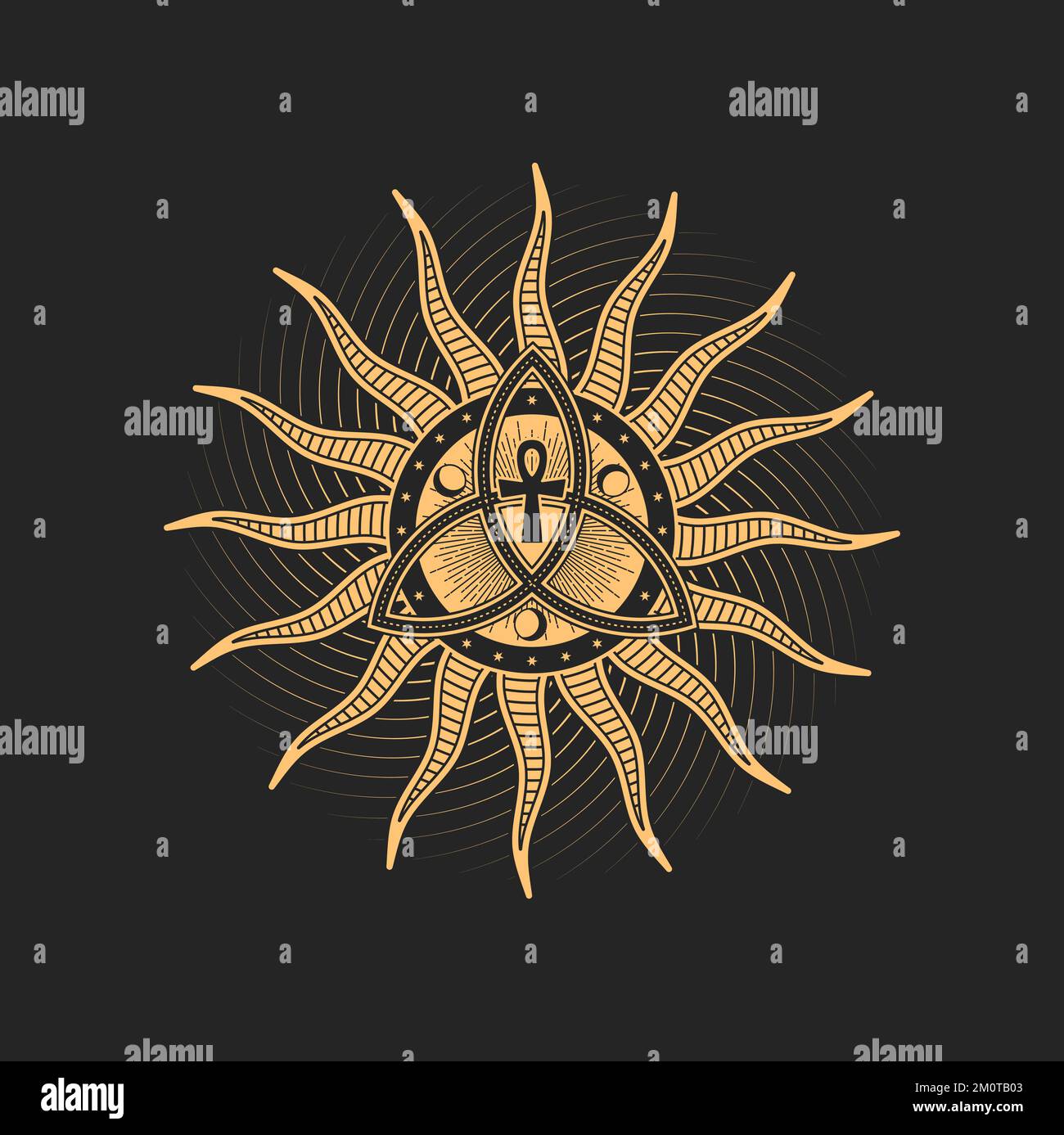 Triquetra Crescents And Ankh Cross Inside Of Sun With Radiant Rays
