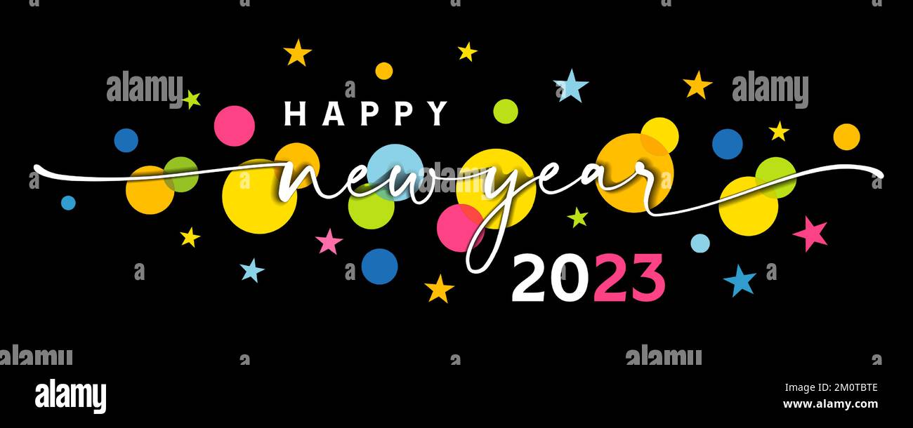 Happy new year 2023 greetings card with swirl and colored stars on ...