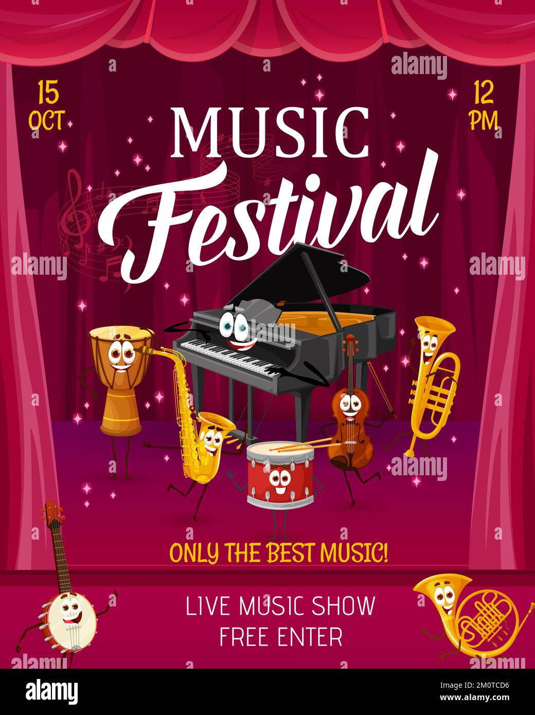 Music festival party flyer, cartoon musical instrument characters on ...