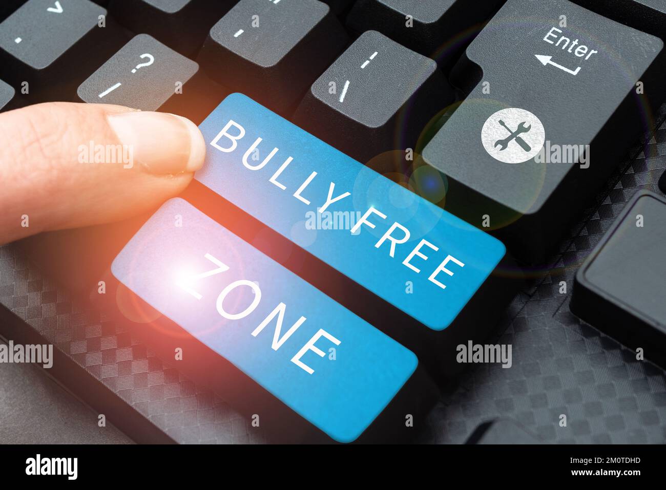 Hand writing sign Bully Free Zone. Business overview Be respectful to ...