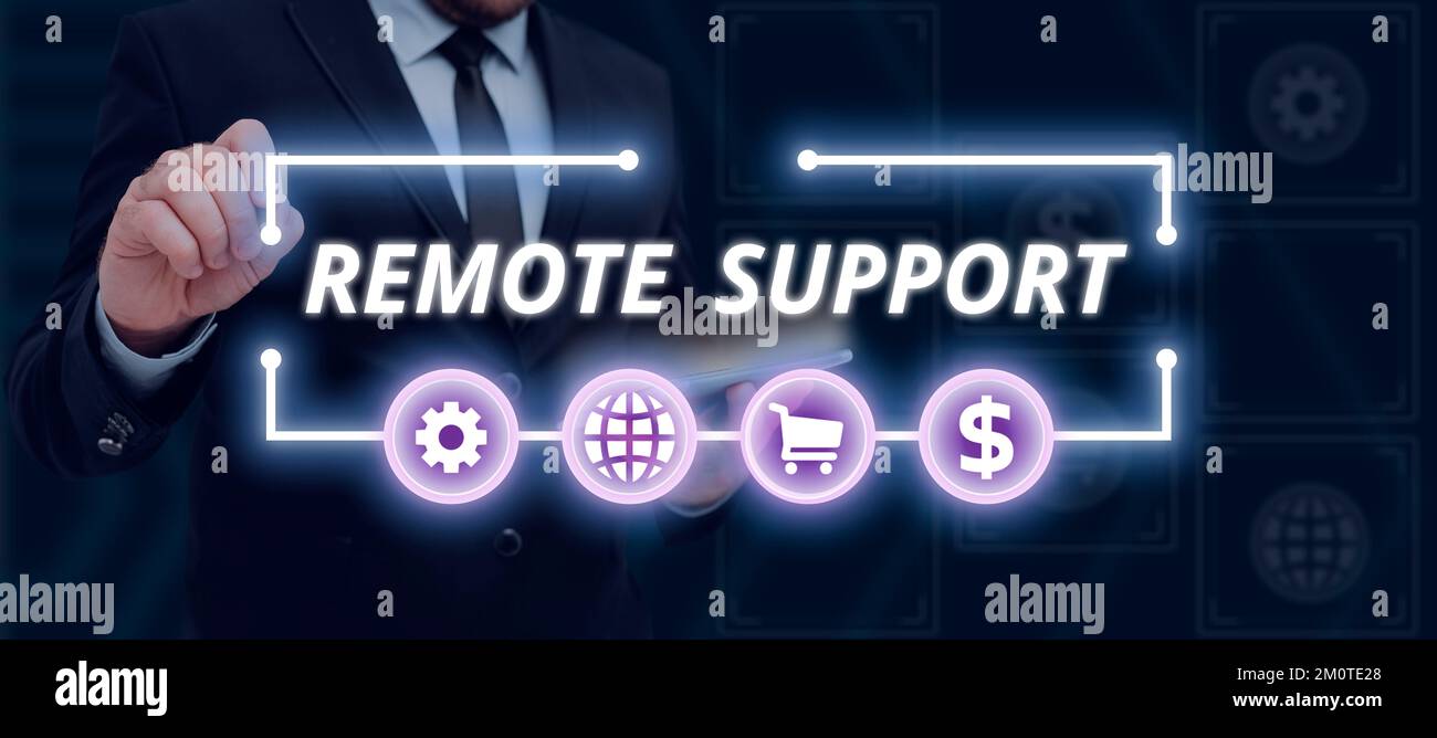 Text caption presenting Remote Support. Business idea help end-users to ...
